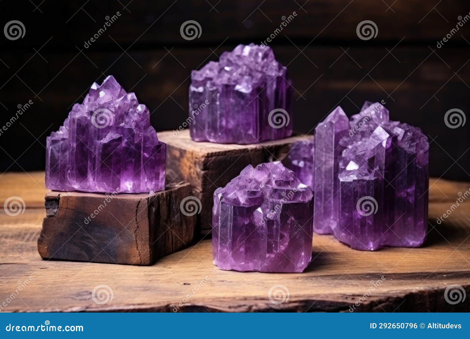 Raw Amethyst Blocks on Dark Wood Surface Stock Illustration ...