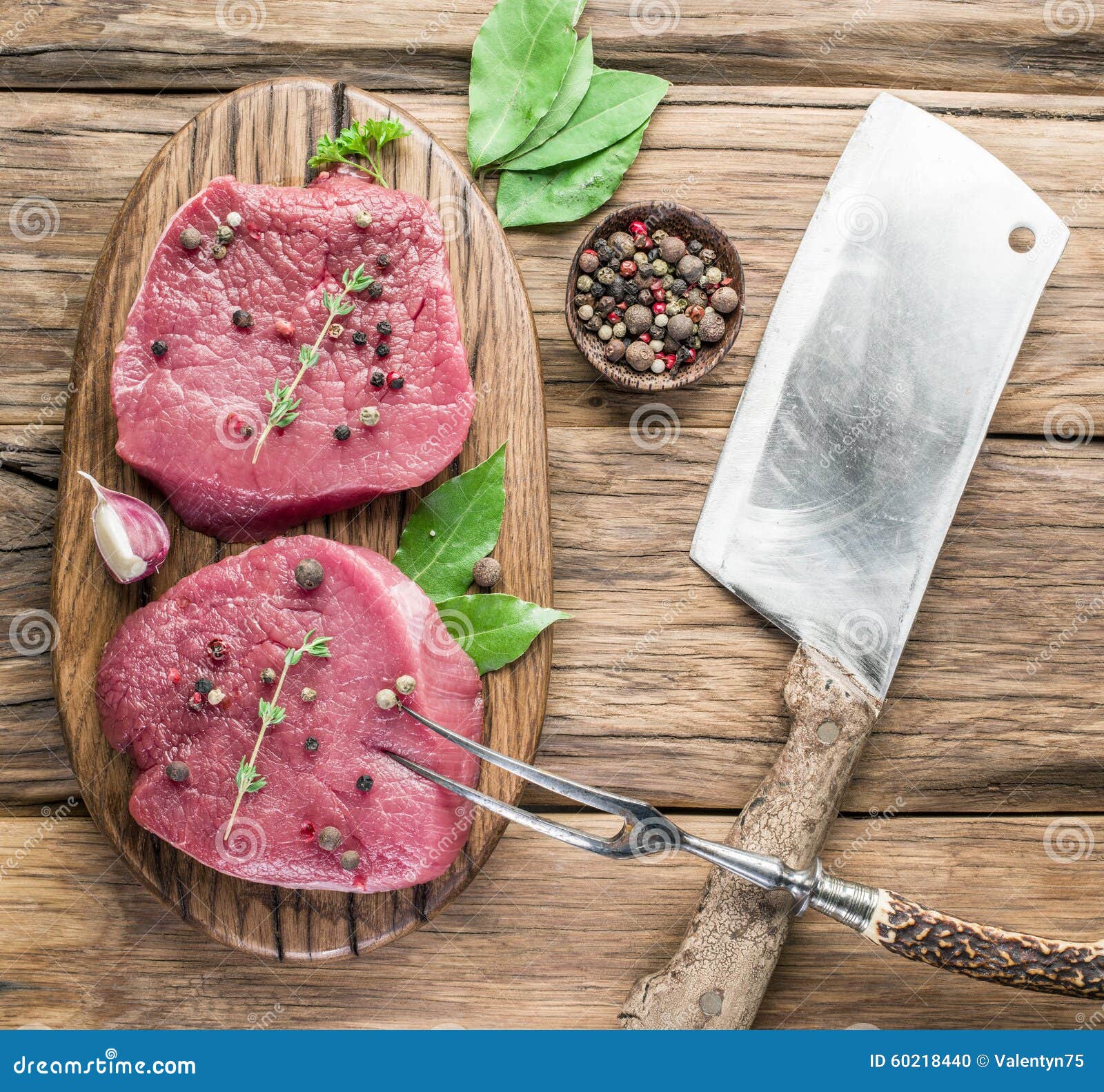 Raw Beaf Steaks with Spices. Stock Photo - Image of wooden, herbs: 60218440