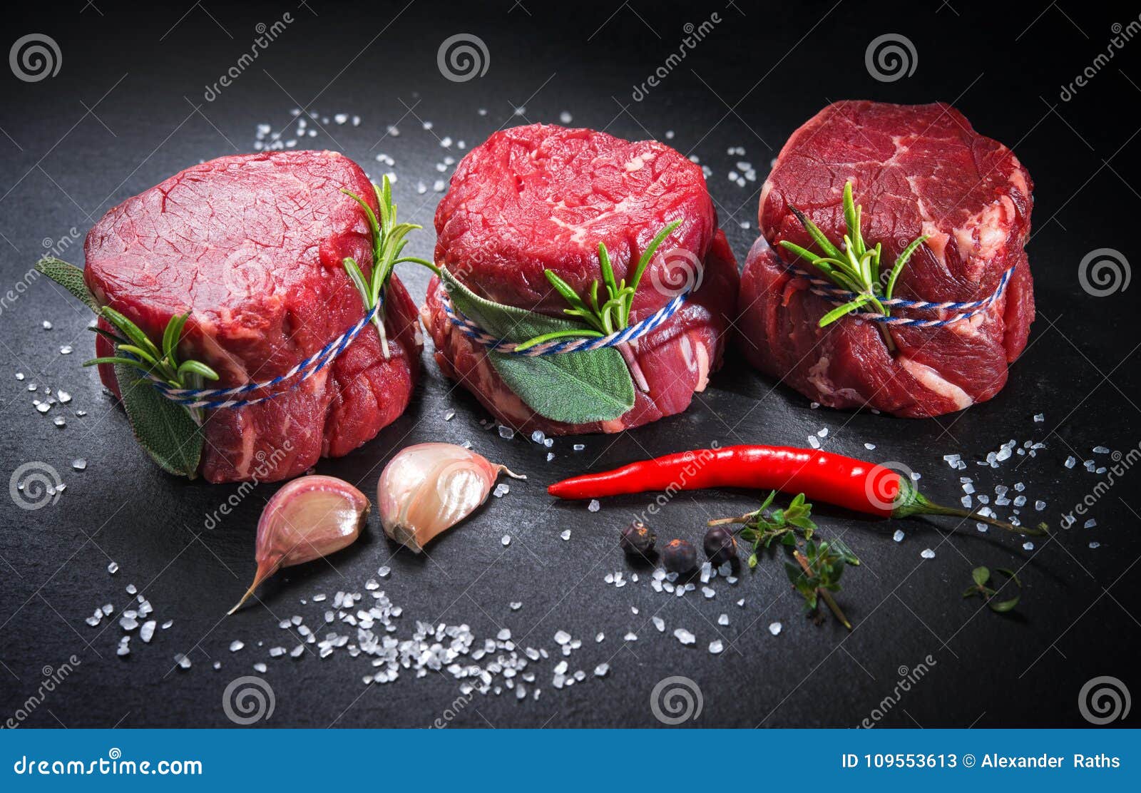 Raw Beef Fillet Steaks Mignon on Dark Background Stock Image - Image of ...