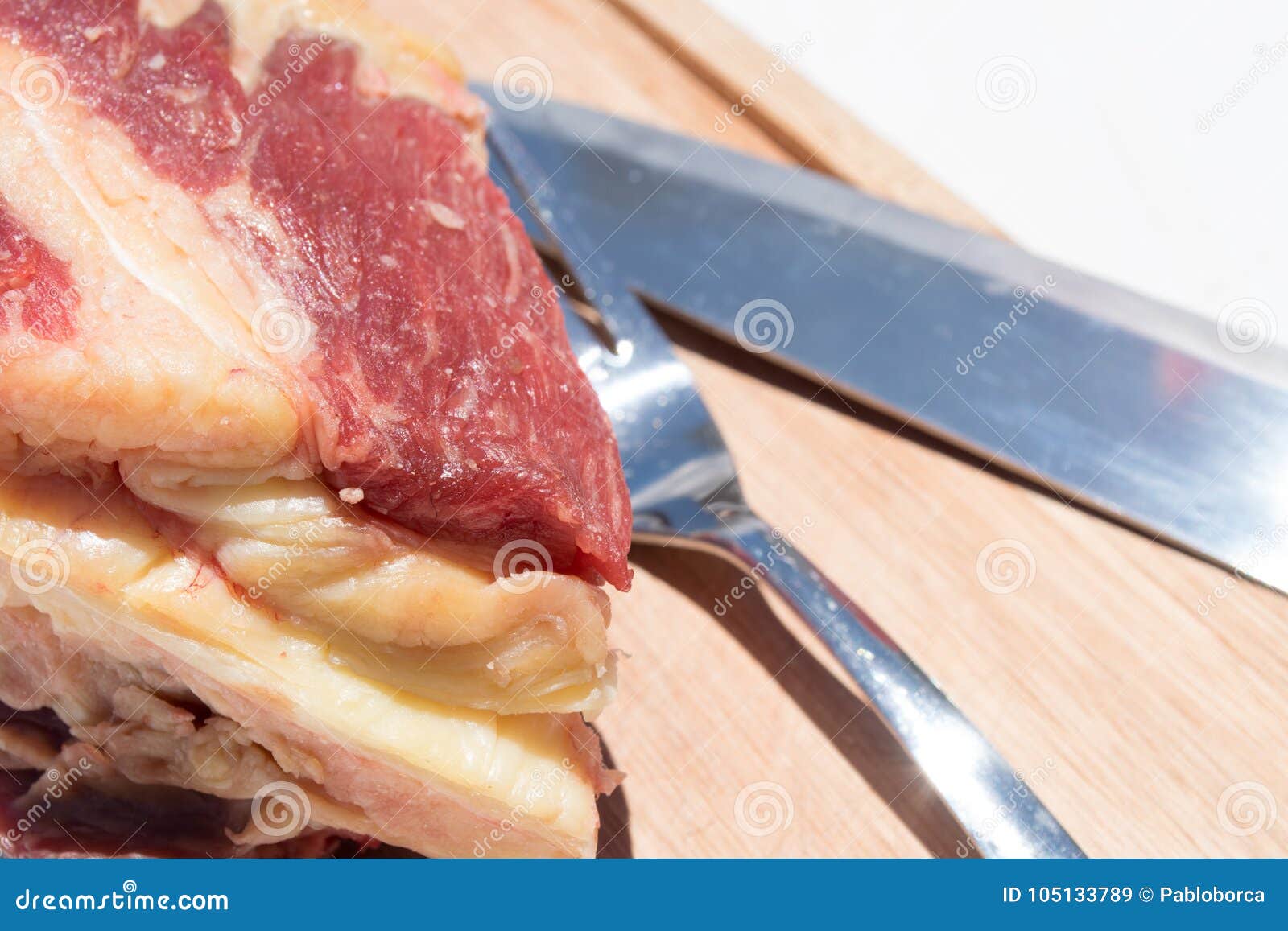 Raw Beef with Fork and Knife Stock Image - Image of barbecue, wood ...
