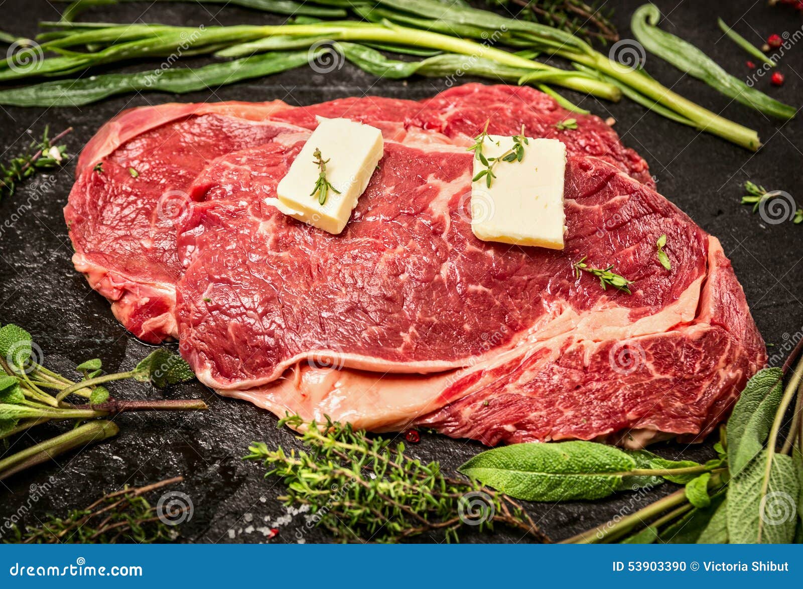 Raw Beef Meat with Butter and Fresh Herbs, Close Up Stock Photo - Image ...