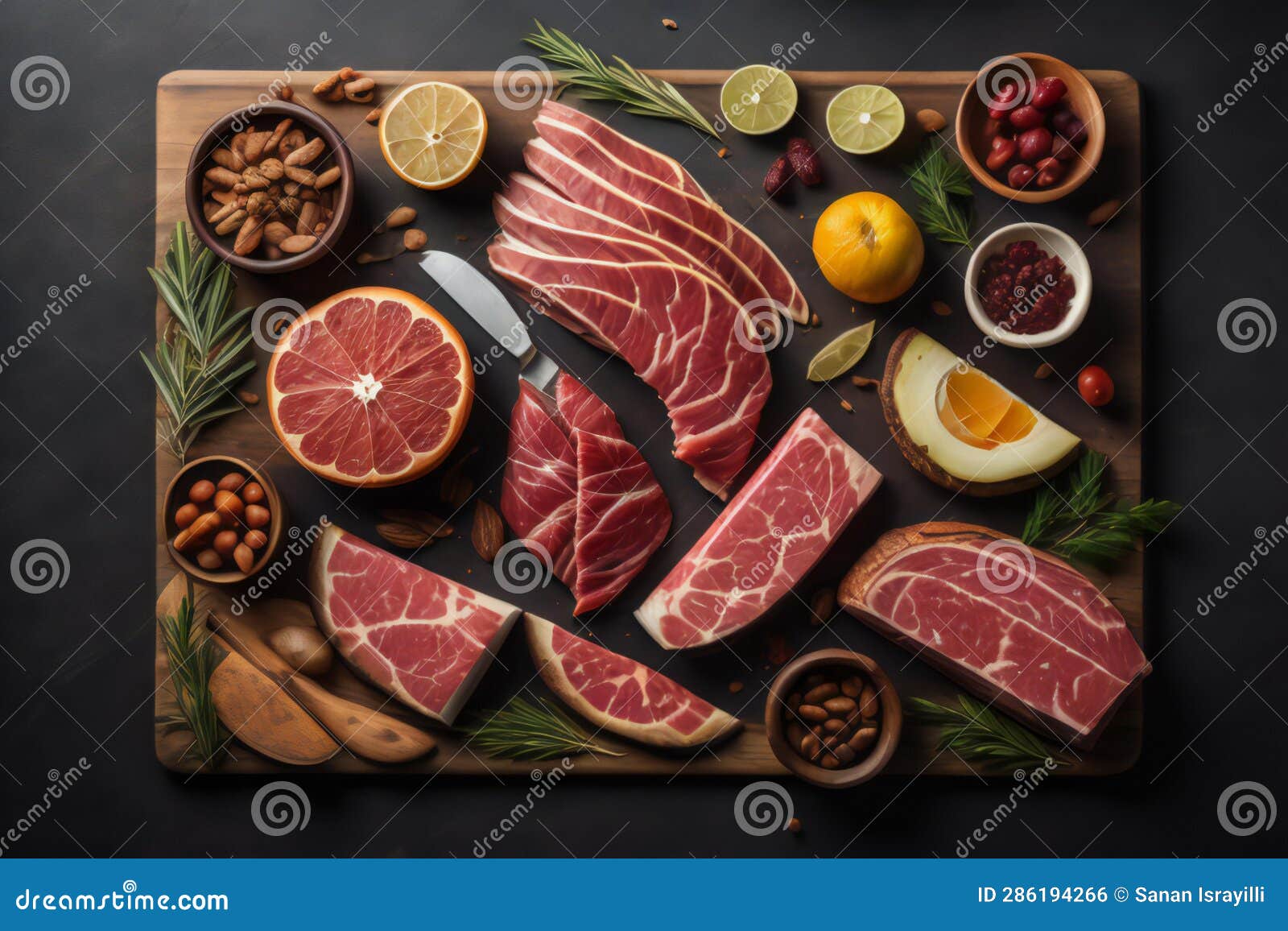Raw Beef Meat with Ingredients for Cooking on Dark Background, Top View ...