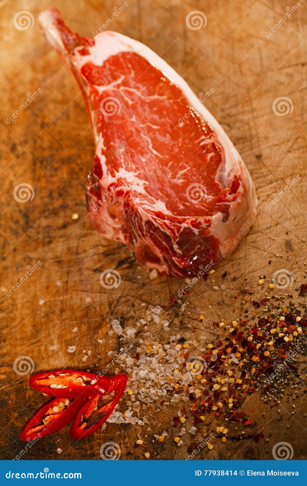 Raw Beef Meat Steak on Wooden Table with Spices Stock Photo - Image of ...