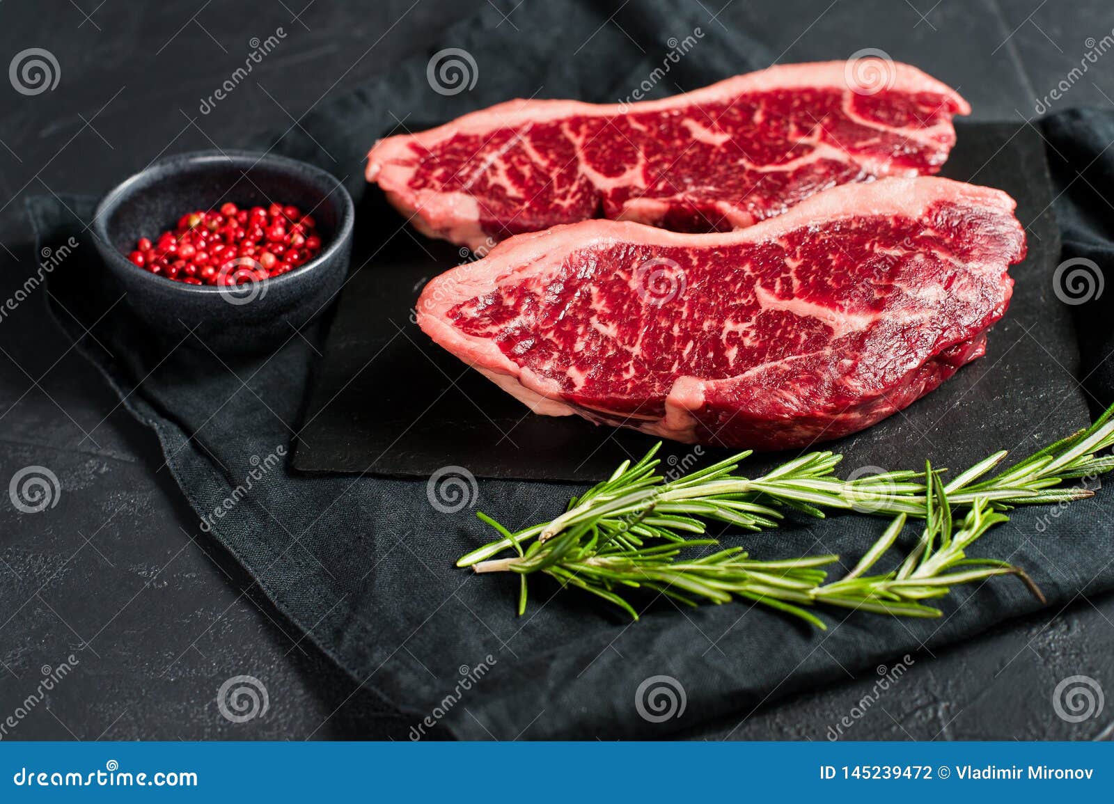 Raw Beef Ramp Steak. Black Background, Top View. Stock Photo - Image of ...