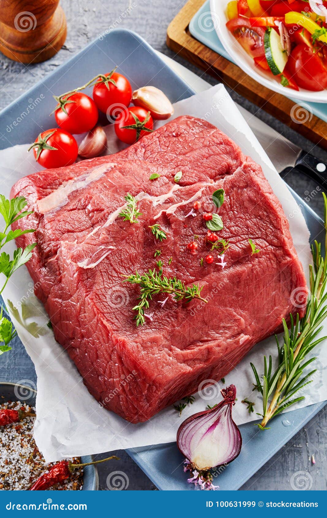 Raw Beef Rump Steak with Fresh Ingredients Stock Image - Image of high ...