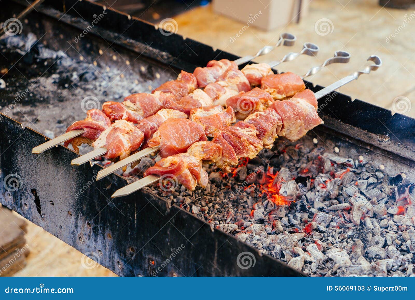 Raw beef on russian grill. stock image. Image of flame - 56069103