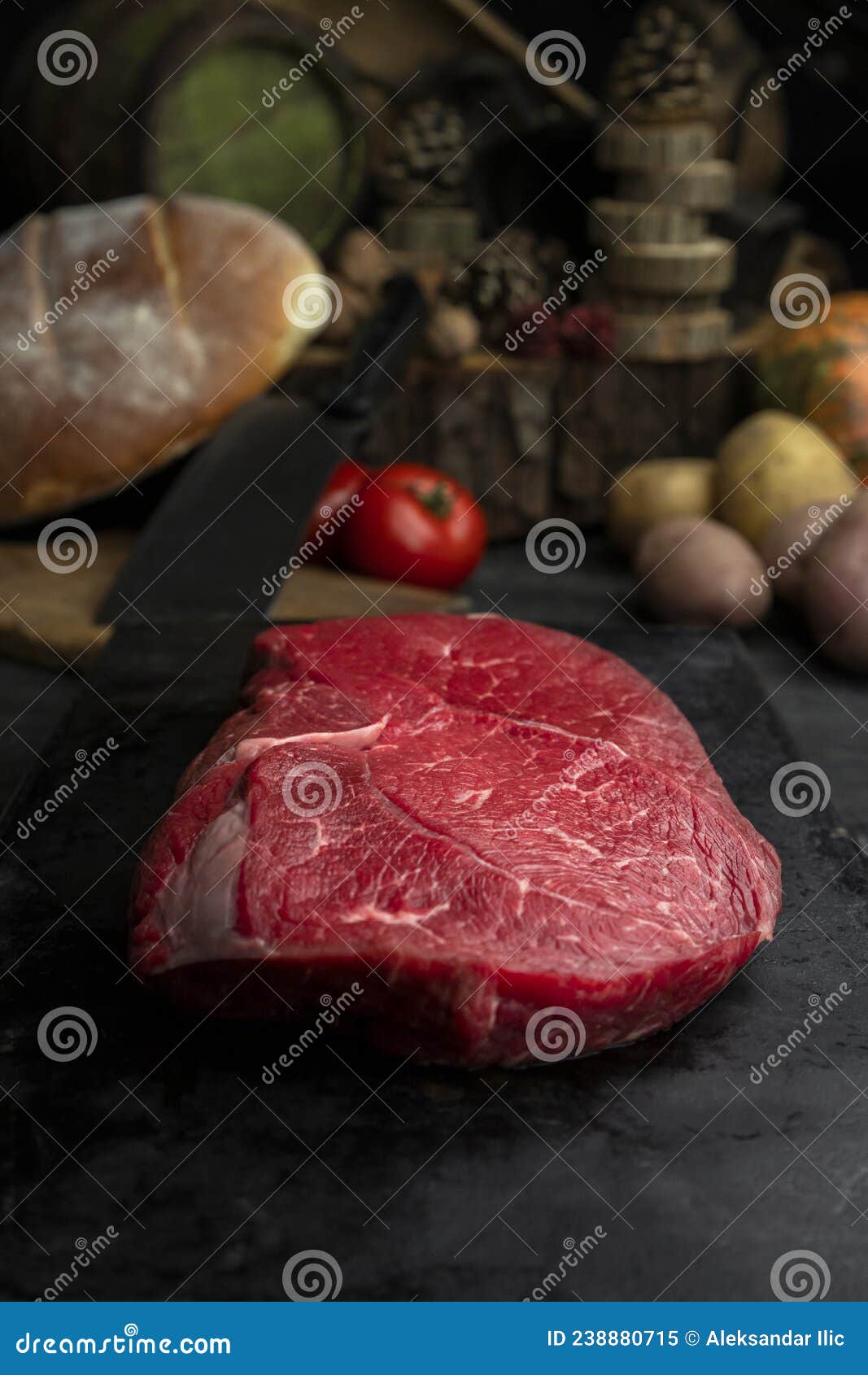Raw Beef Steak in the Rustic Kitchen Stock Image - Image of kitchen ...
