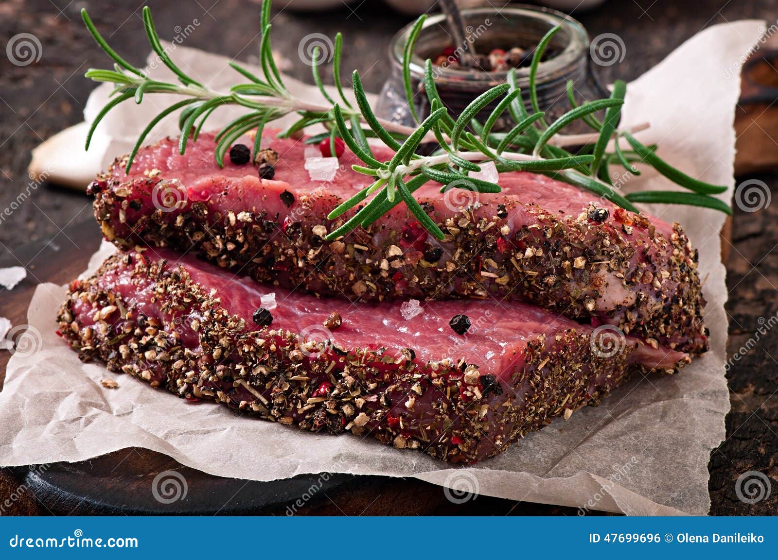 Raw beef steak with spices stock photo. Image of fillet - 47699696
