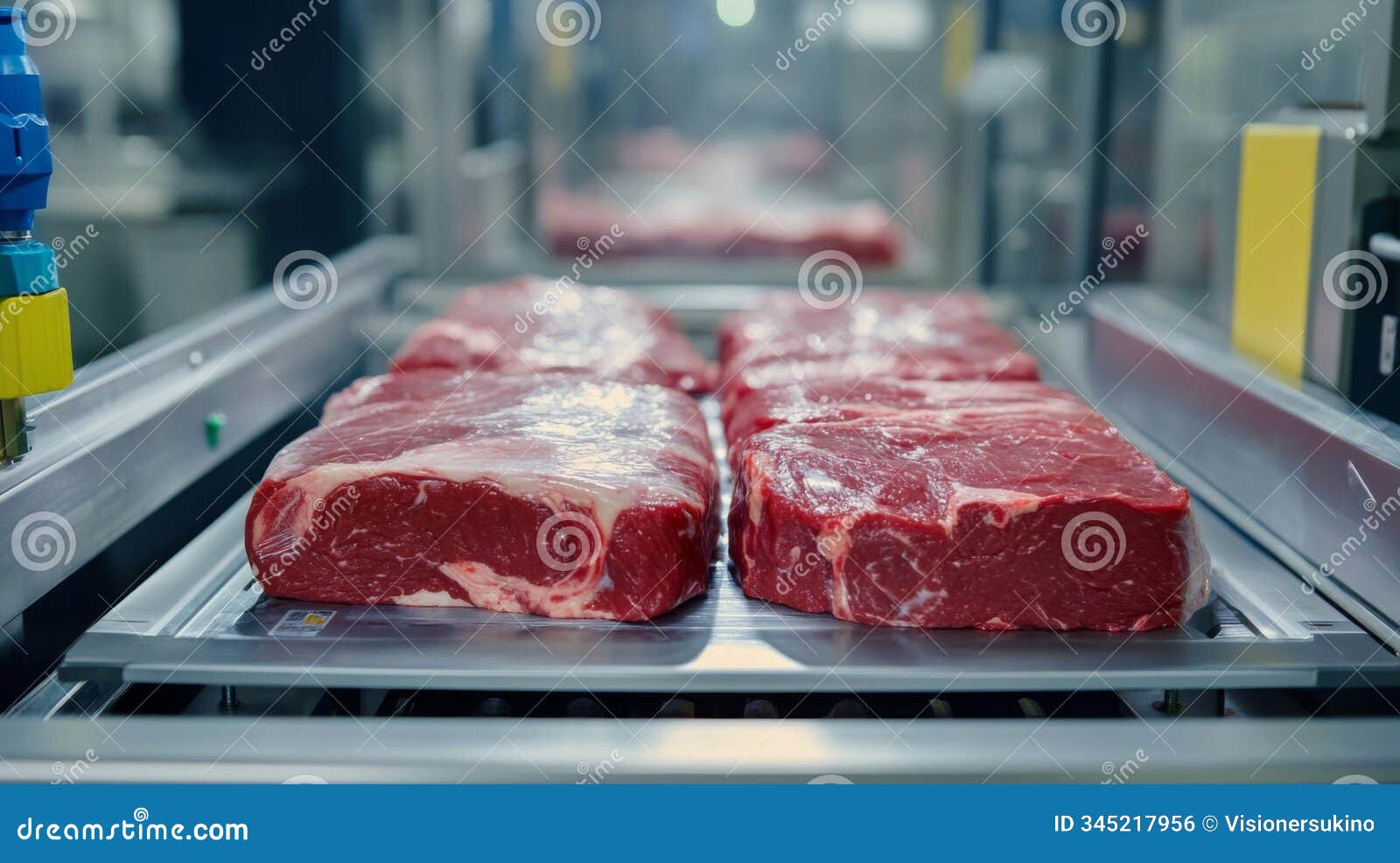Raw Beef Steaks on a Conveyor Belt in a Food Processing Facility Stock ...