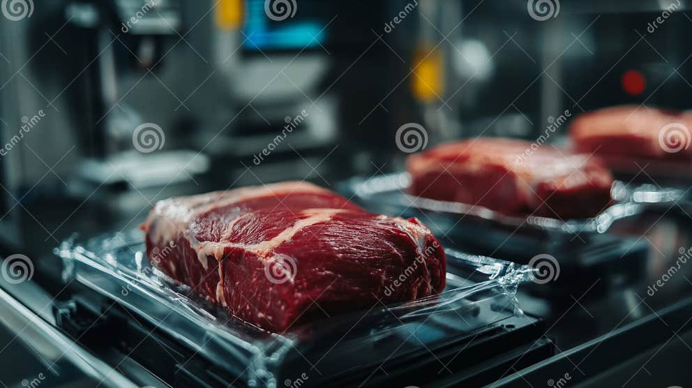 Raw Beef Steaks Packaged on a Conveyor Belt in a Processing Plant Stock ...