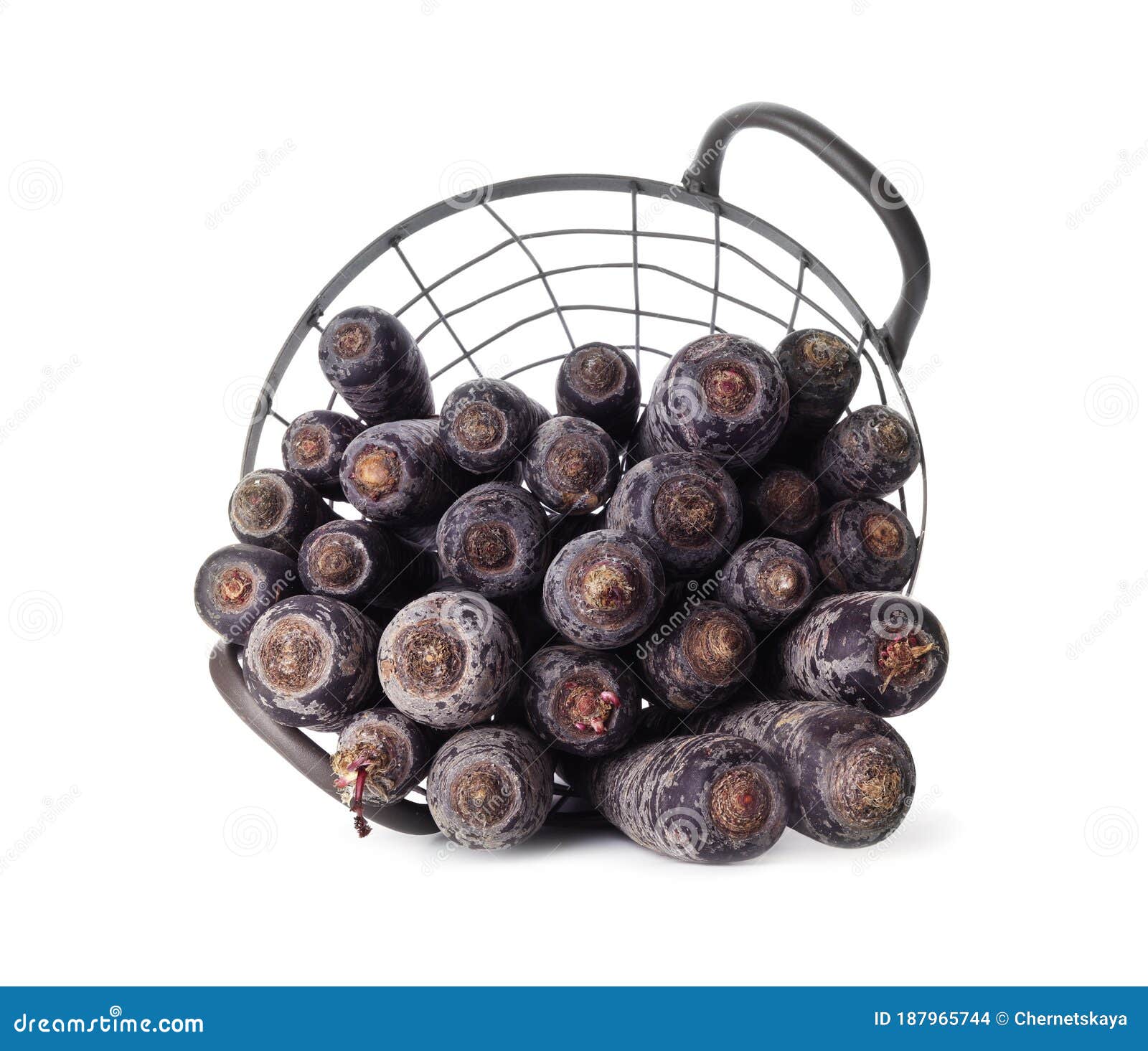 Raw Black Carrots in Metal Basket Isolated Stock Photo - Image of ...