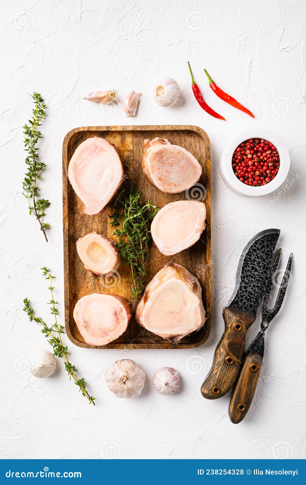 Raw Bone Cut Veal Beef, on White Stone Table Background, Top View Flat ...