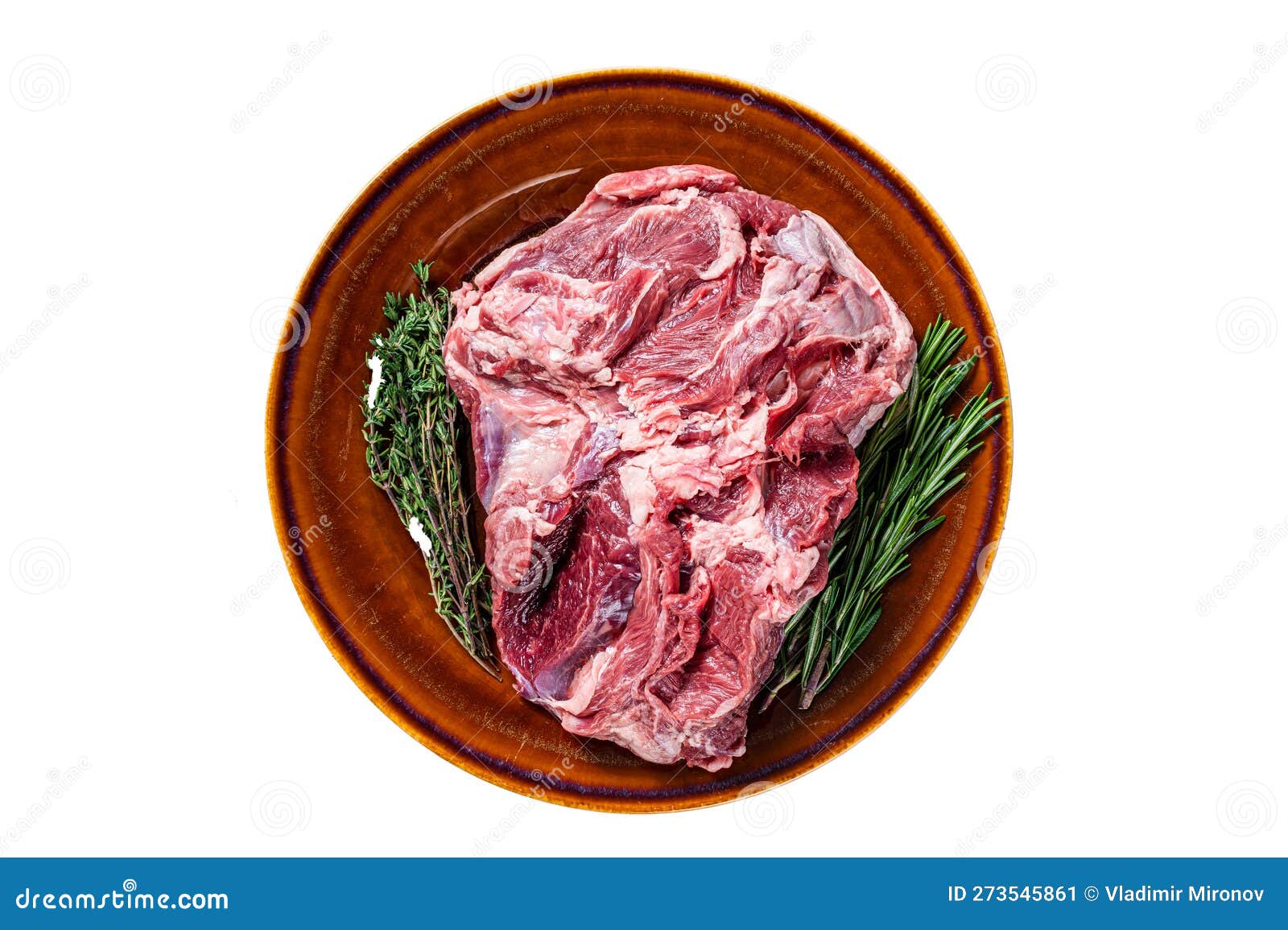 Raw Boneless Lamb Leg Meat in Rustic Plate with Thyme. Isolated on ...