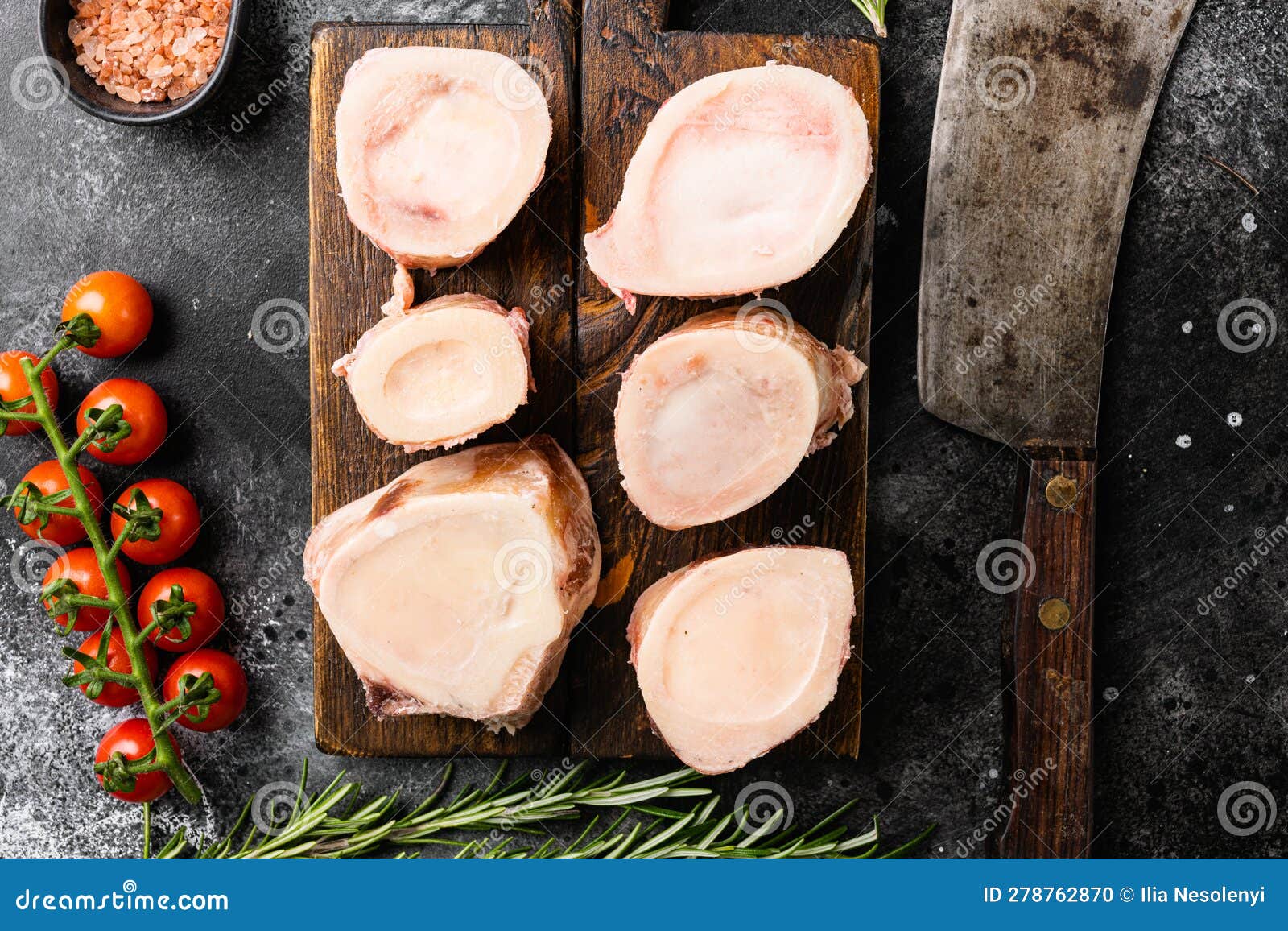 Raw Brain Beef Bone, on Black Dark Stone Table Background, Top View ...