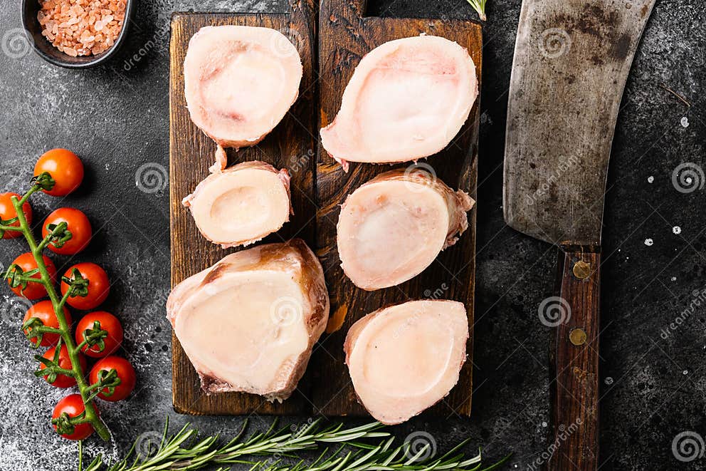 Raw Brain Beef Bone, on Black Dark Stone Table Background, Top View ...