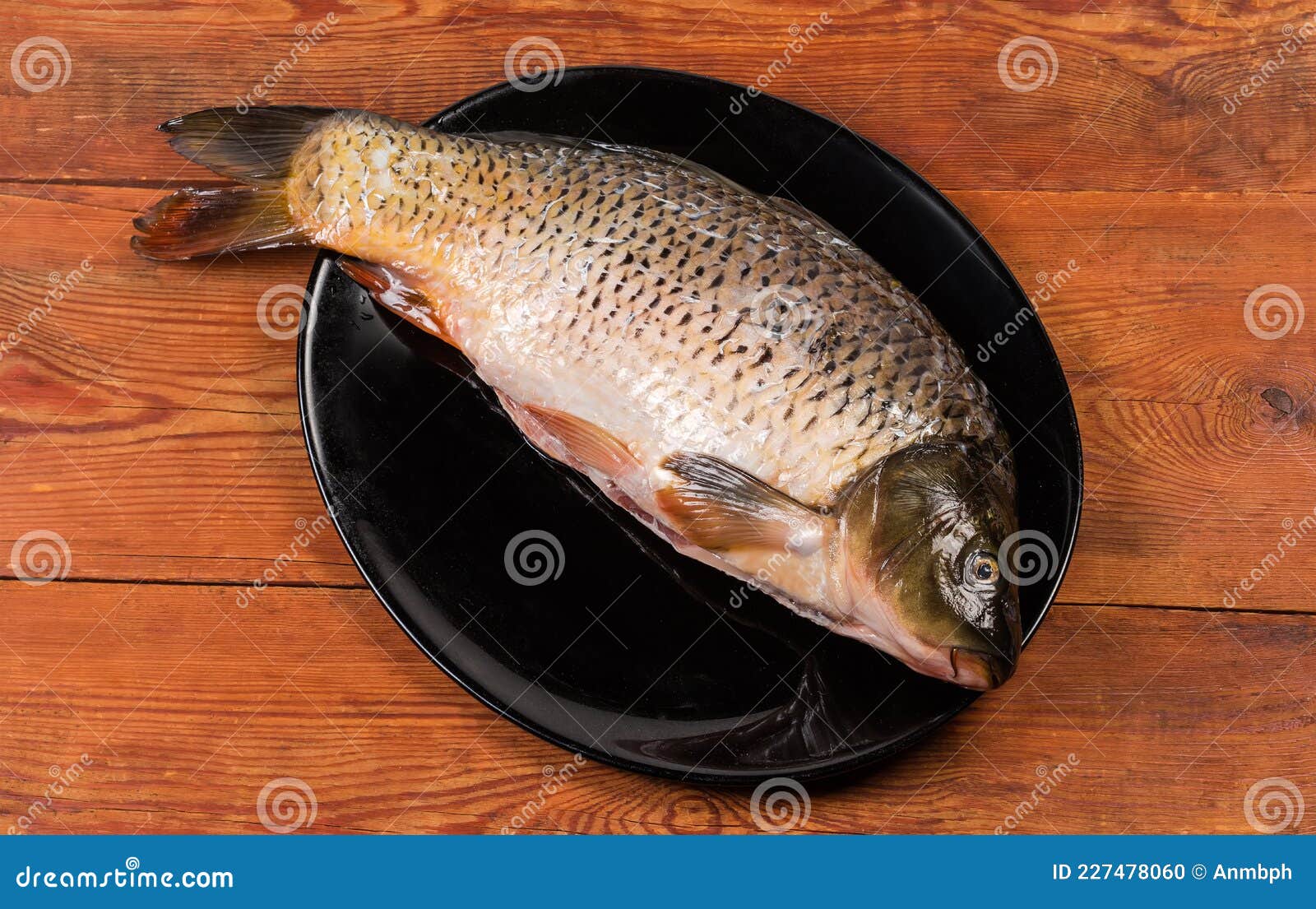 Raw Carp Prepared for Cooking on Dish on Rustic Table Stock Photo ...