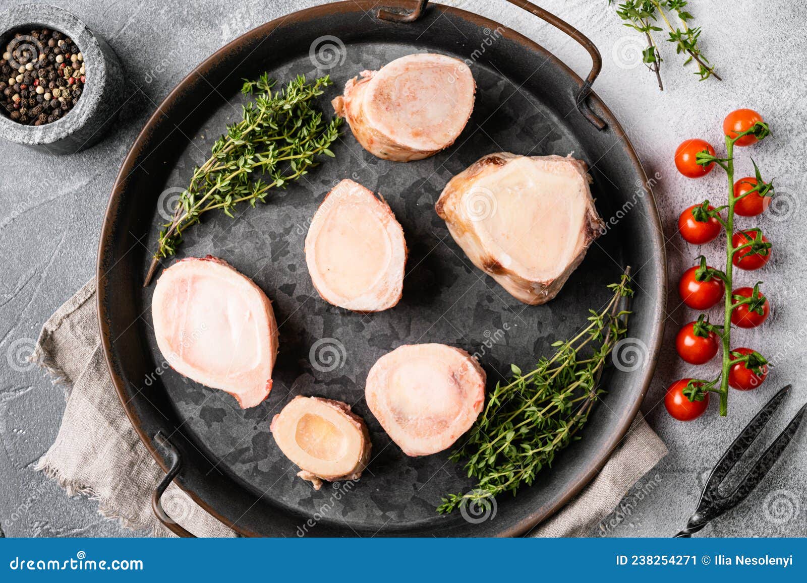 Raw Caw Bones Butcher Cut, on Gray Stone Table Background, Top View ...