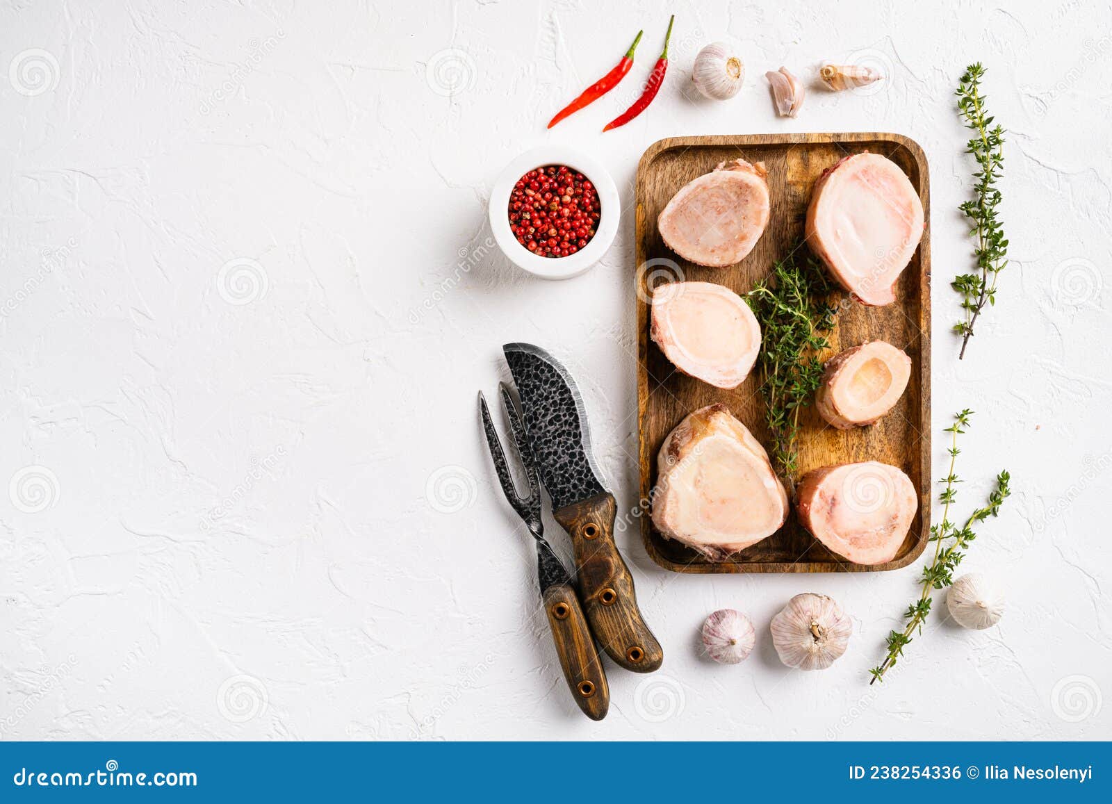Raw Caw Bones Butcher Cut, on White Stone Table Background, Top View ...
