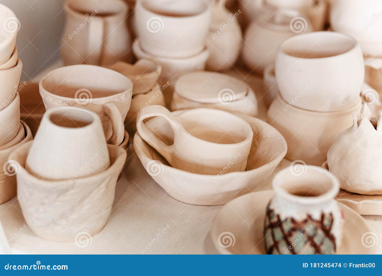 Ceramic Pottery Kitchenware Drying on the Shelf. Art Workshop Concept ...