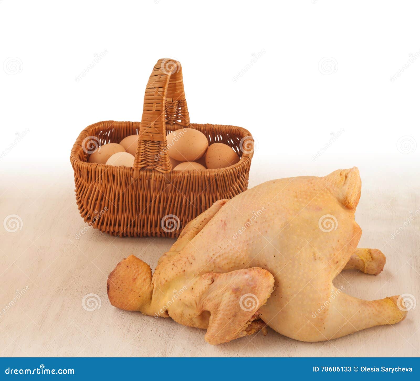 Raw Chicken Carcass Home on the Background Basket with Eggs Stock Image ...