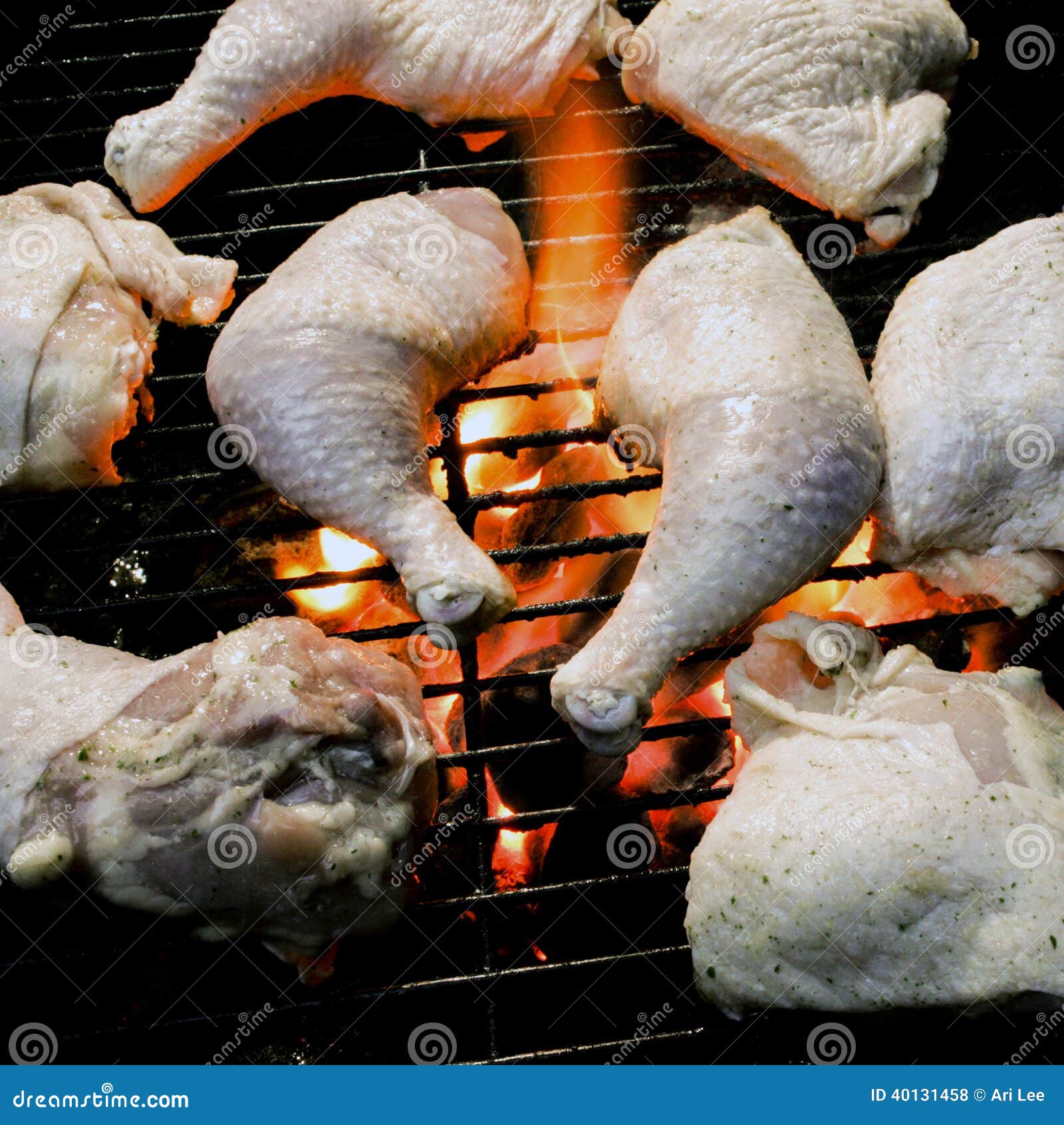 Raw Chicken Legs and Thighs on an Open Flame Stock Photo - Image of ...