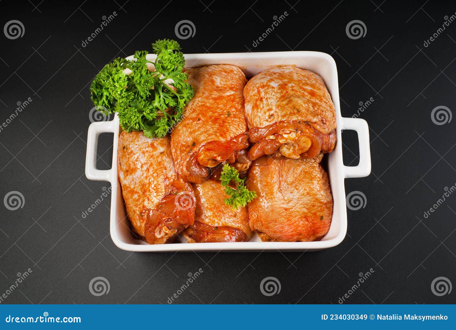 Raw Chicken Thighs Marinated in Red Sauce. Chicken Semi-cooked Thighs ...