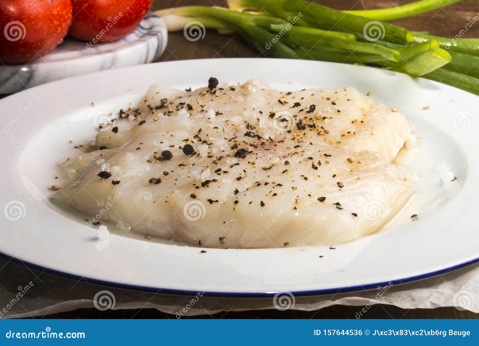 Raw Cod with Crushed Pepper on a Plate Stock Photo - Image of spring ...
