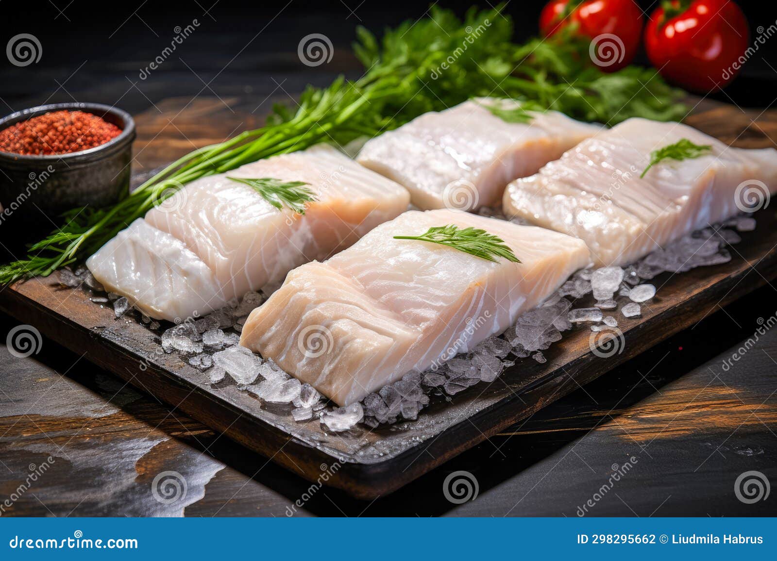 Raw Cod Fillets on a Black Slate Plate with Lemon and Parsley Stock ...