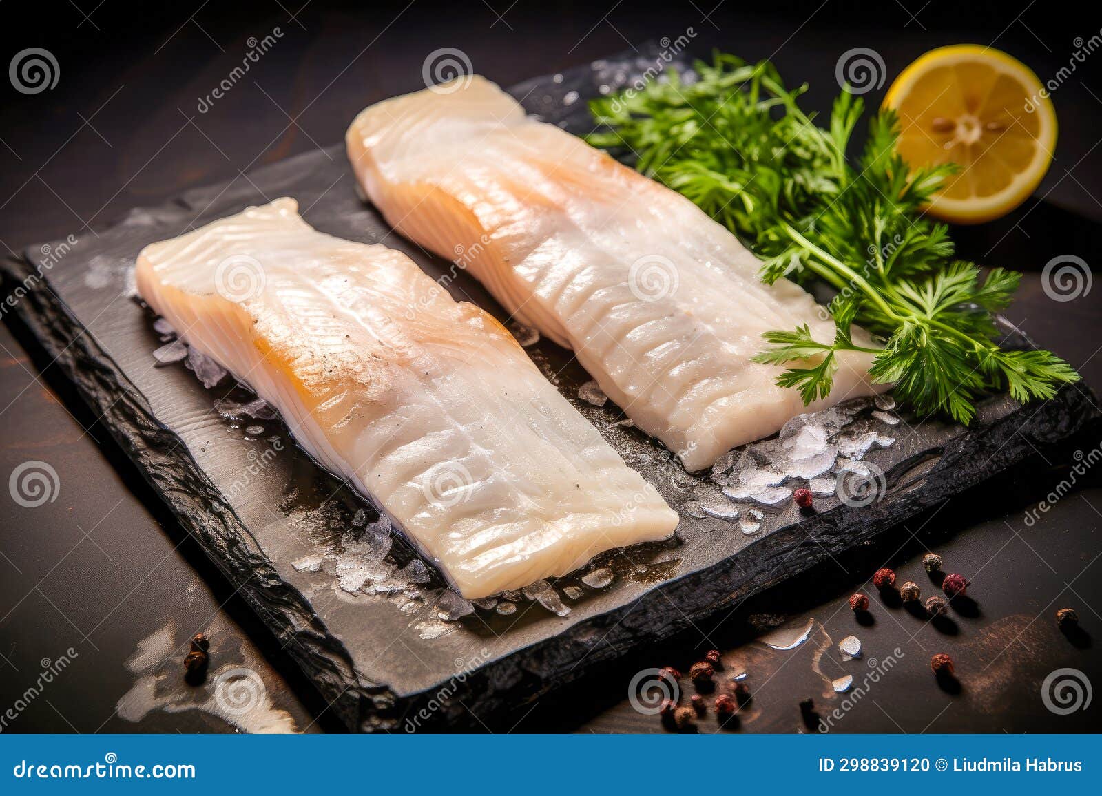 Raw Cod Fillets on a Black Slate Plate with Lemon and Parsley Stock ...