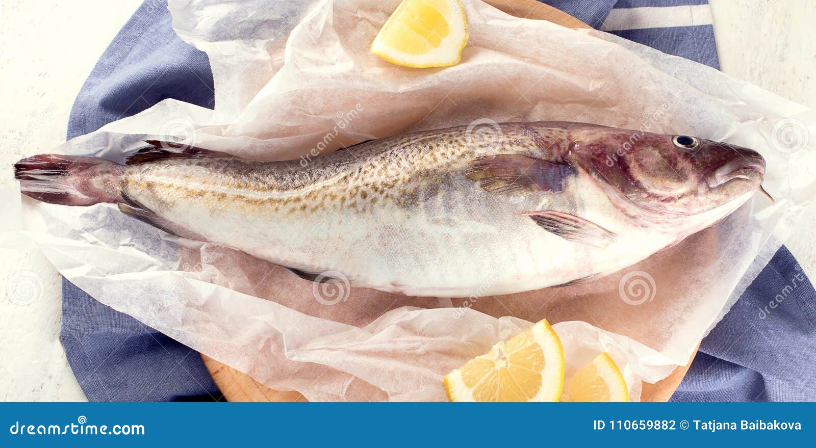 Raw cod fish stock photo. Image of diet, lemon, salt - 110659882