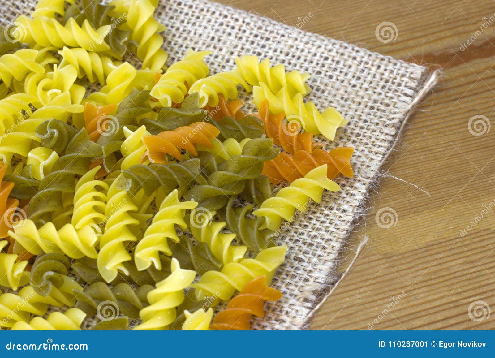 Raw Colored Fusilli Pasta on Burlap with Close-up Stock Image - Image ...