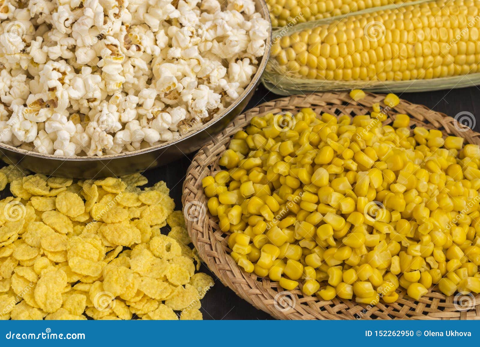 Raw Corn on the Cob, Grains of Corn in a Wicker Plate, Popcorn and ...