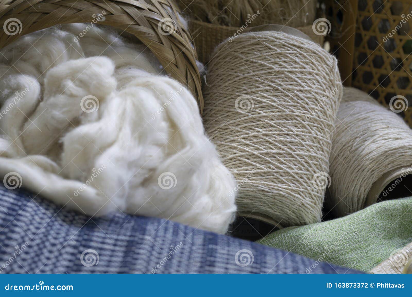 Raw Cotton Thread and Cotton Fabric in Wood Tray Stock Photo - Image of ...
