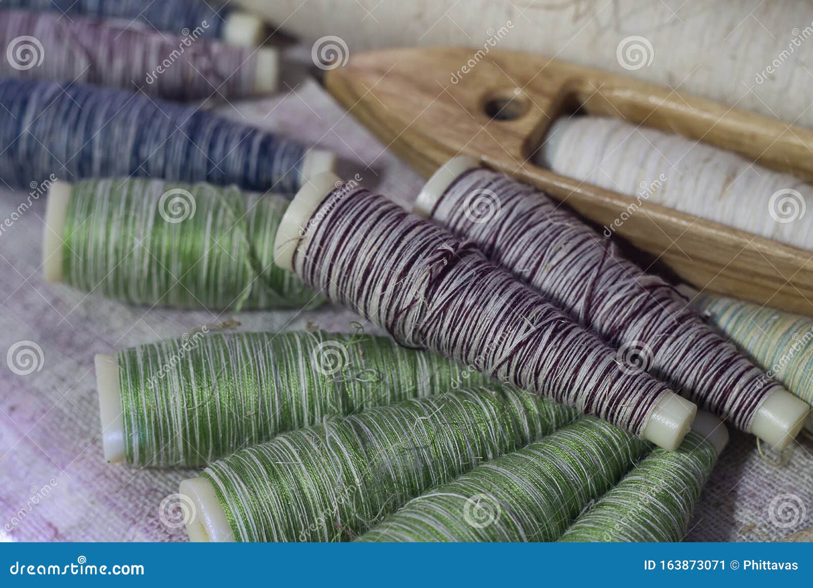 Raw Cotton Thread in Wood Tray Stock Image - Image of material ...