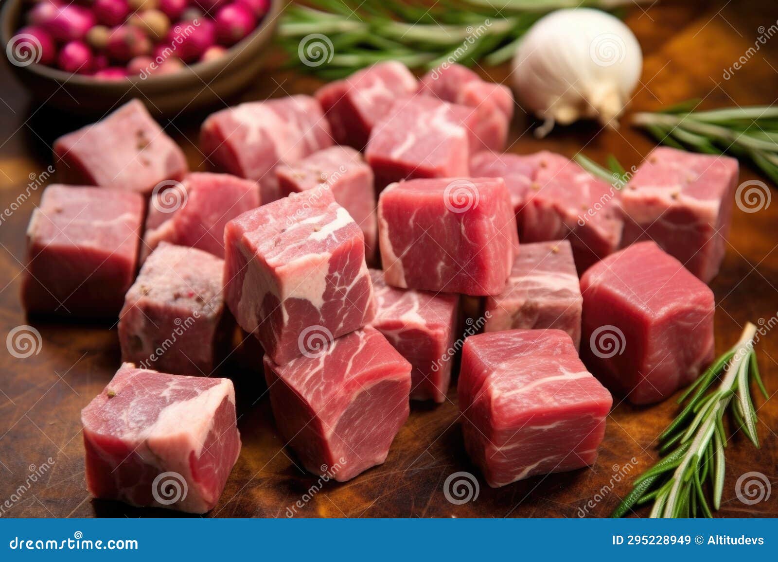 Raw Cubes of Lamb Rubbed in Garlic and Rosemary, Up Close Stock Image ...