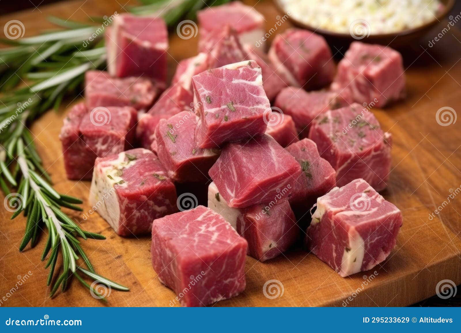 Raw Cubes of Lamb Rubbed in Garlic and Rosemary, Up Close Stock Image ...