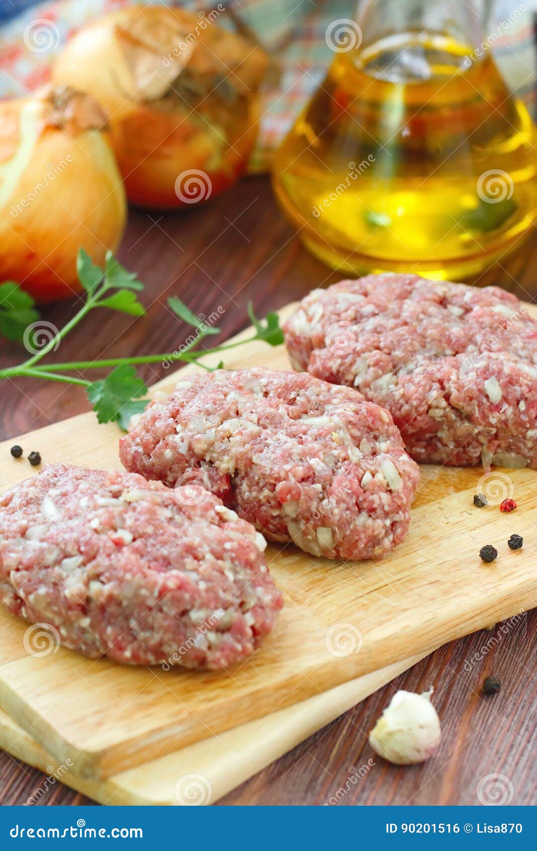 Raw Cutlets on a Chopping Board and Ingredients Stock Photo - Image of ...