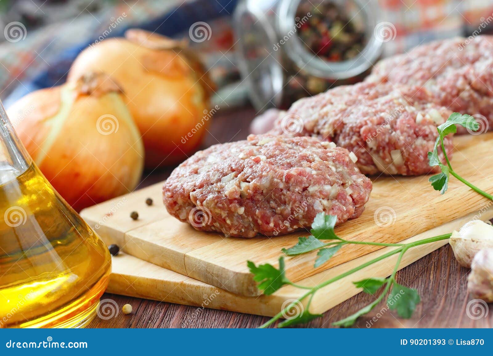 Raw Cutlets on a Chopping Board and Ingredients Stock Image - Image of ...