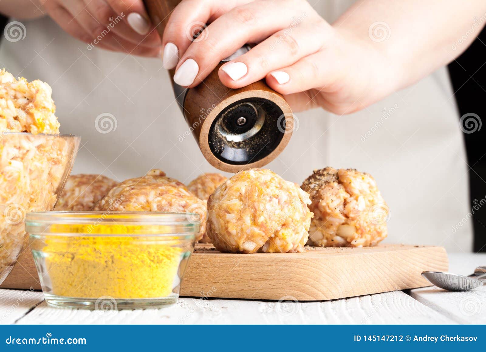 Raw Diet Chicken Meatball Cooking Process Stock Photo - Image of wood ...
