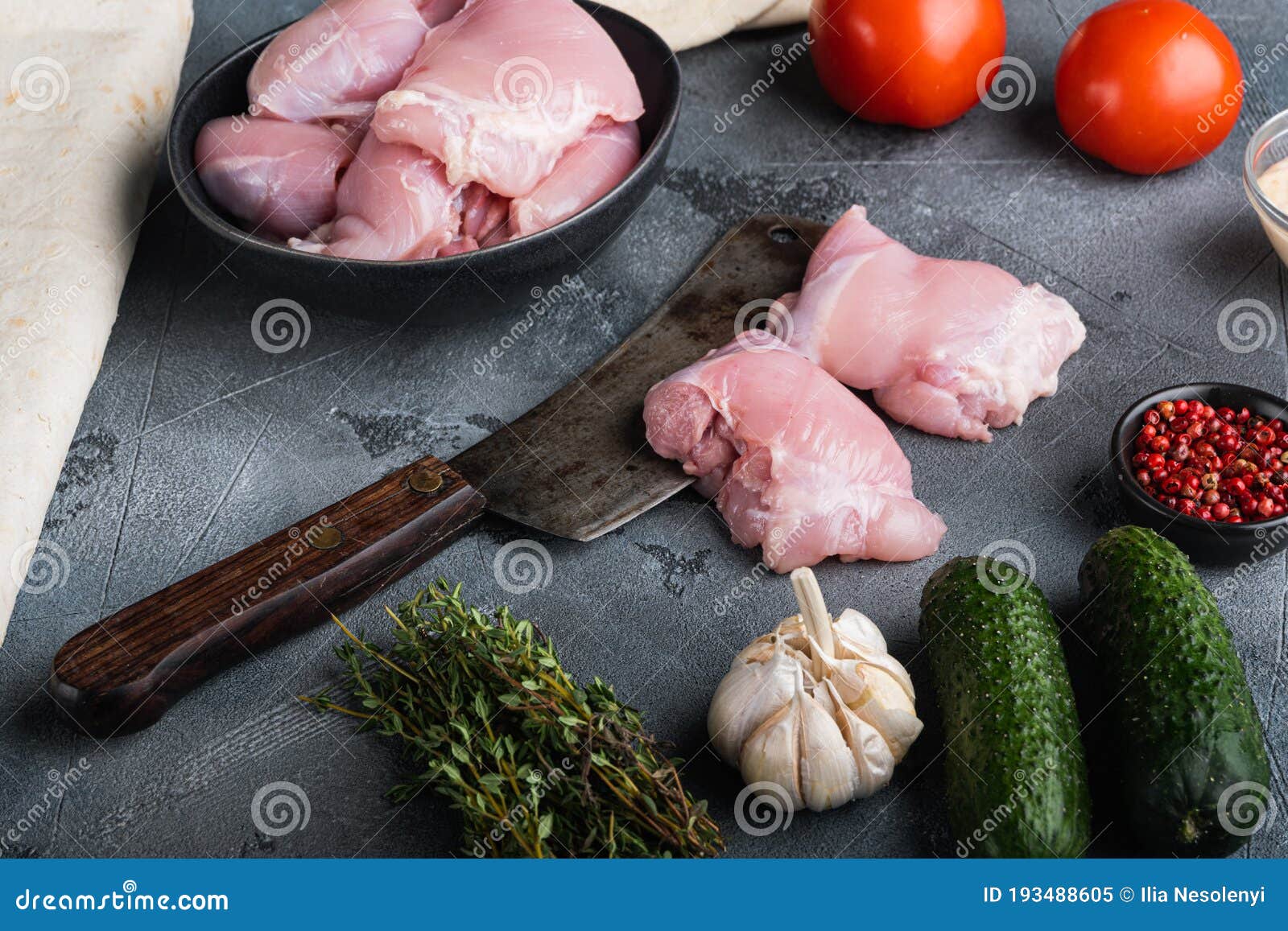 Raw Doner Ingredients, Chicken Meat on Grey Background Stock Image ...