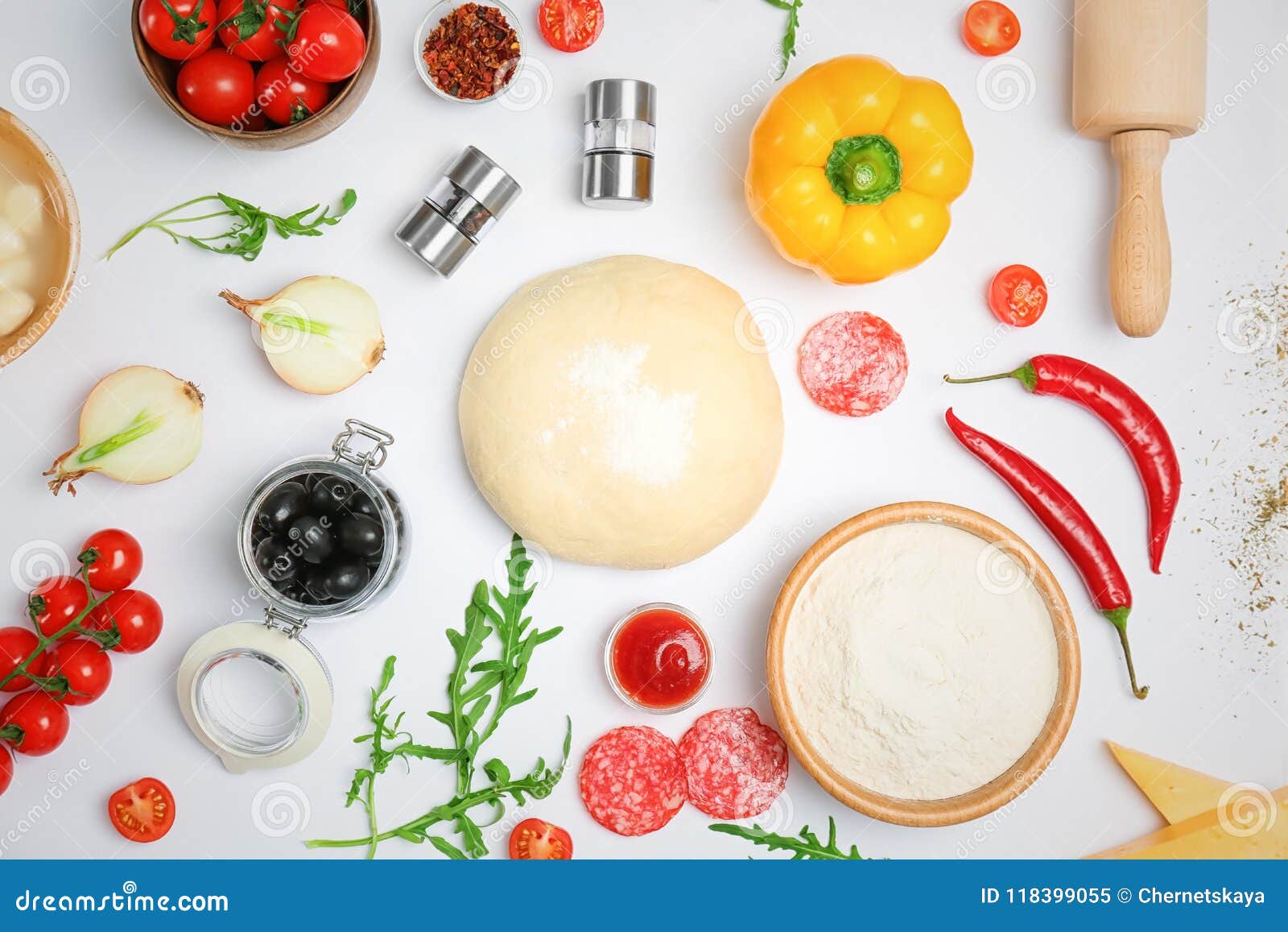 Pizza Ingredients Prepared In Separate Bowls - Blocks Of Cheese ...