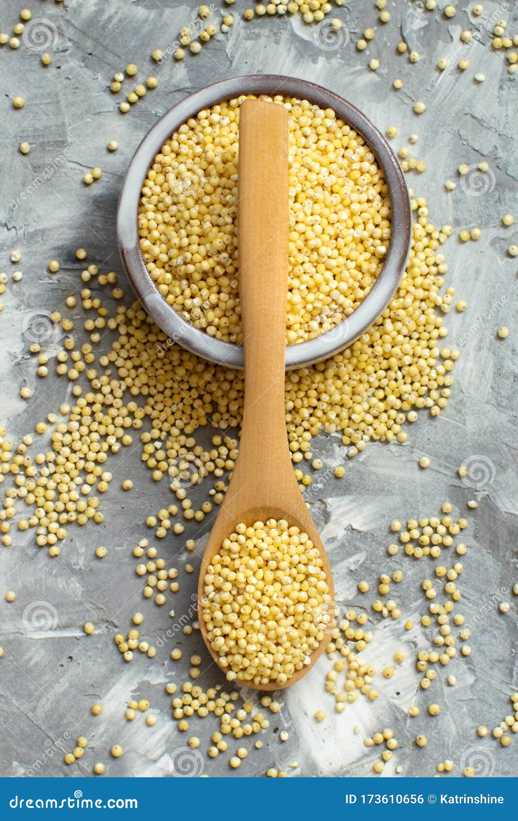 Raw Dry Hulled Millet in a Bowl with a Spoon Stock Photo - Image of ...