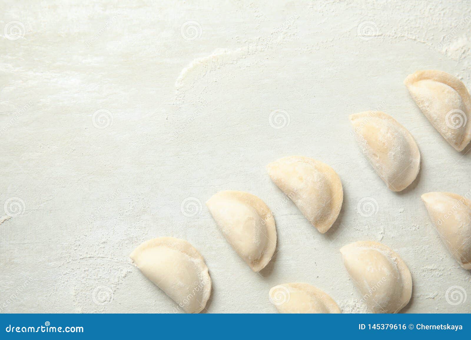 Raw Dumplings on Light Background, Top View with Space for Text. Stock ...