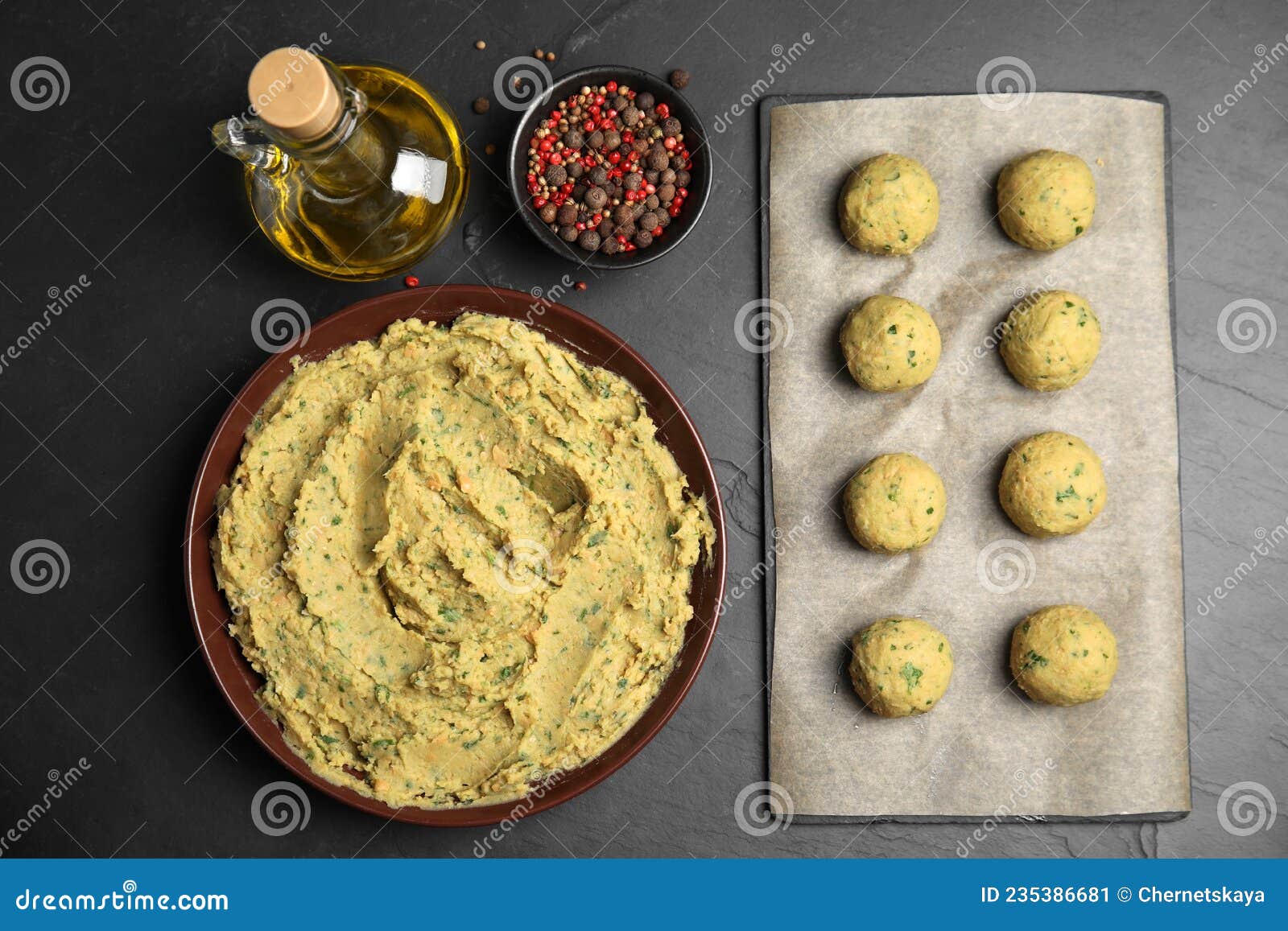 Raw Falafel Balls and Ingredients on Black Table, Flat Lay Stock Image ...