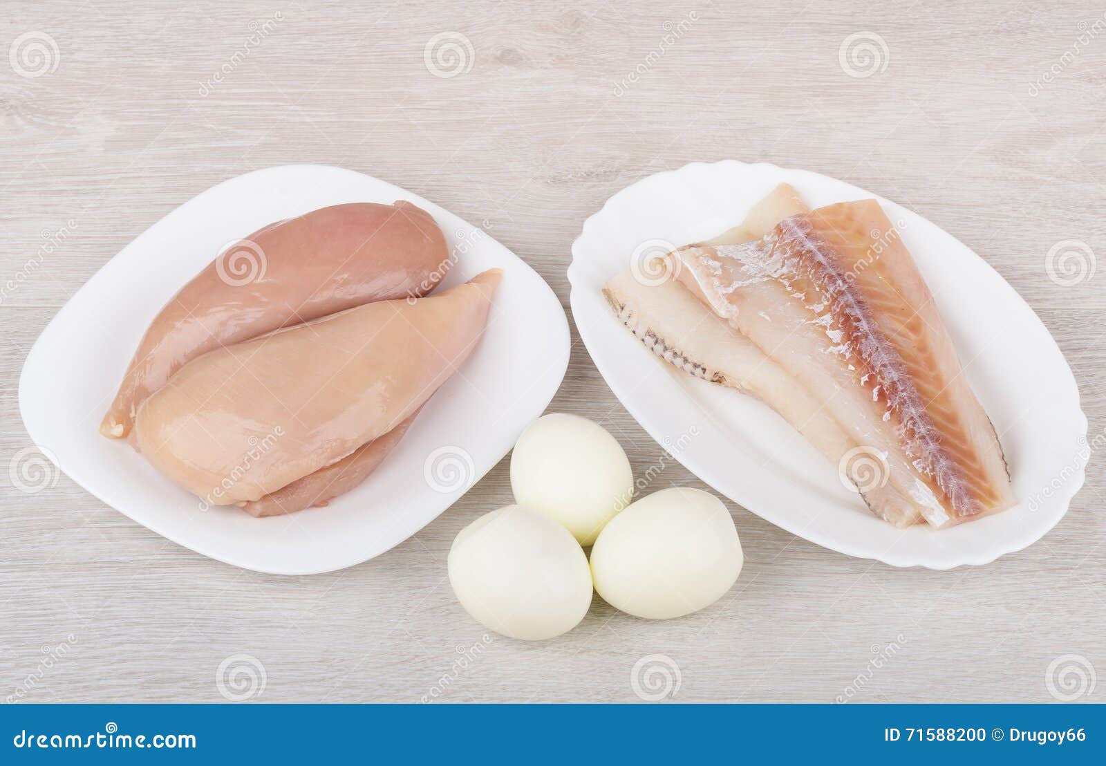 Raw Fillet of Chicken Breast and Pollock, Boiled Eggs Stock Photo ...