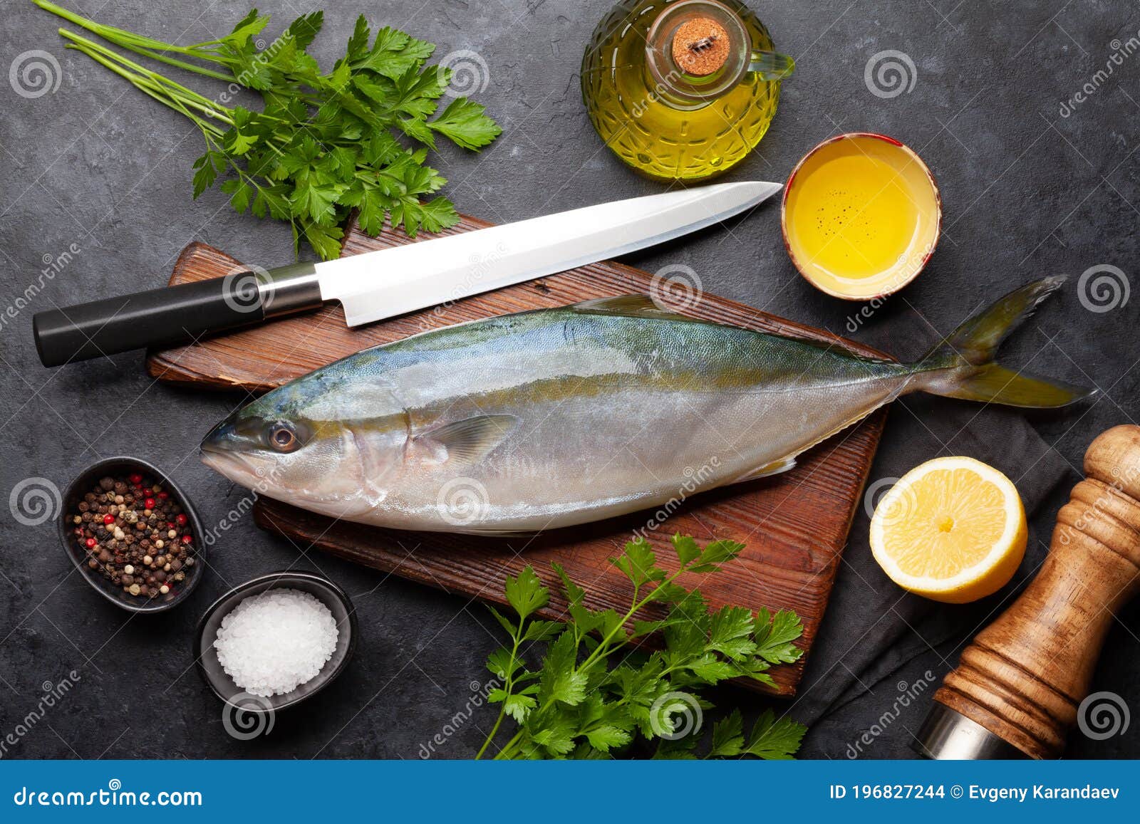 Raw Fish Cooking. Seafood and Ingredients Stock Photo - Image of herbs ...