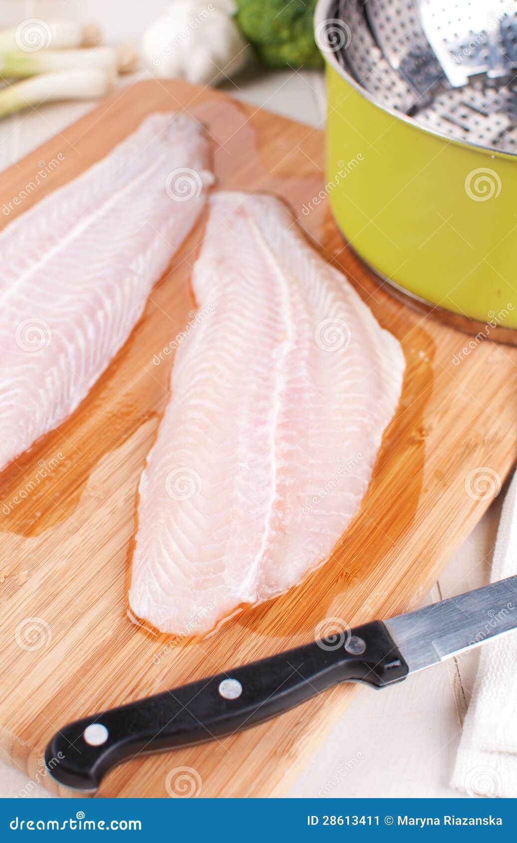 Raw Fish Fillets on Cutting Board Stock Image - Image of hake, seafood ...
