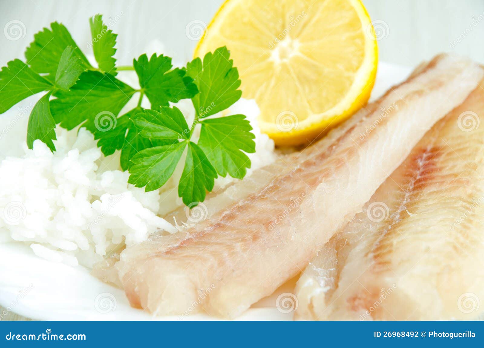 Raw fish fillets and rice stock photo. Image of dinner - 26968492