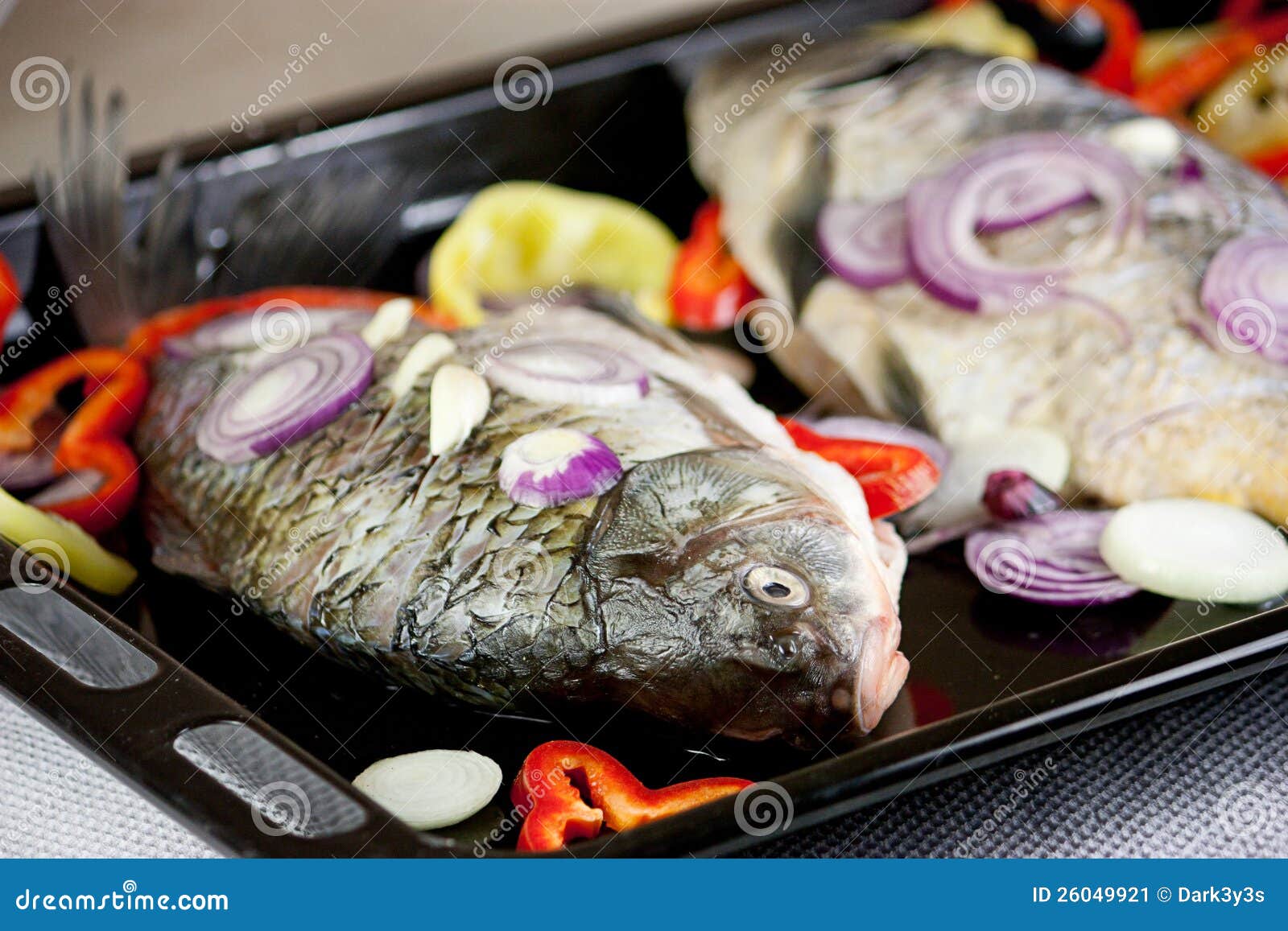 Raw Fish with Onion and Pepper Slices Stock Image - Image of pepper ...