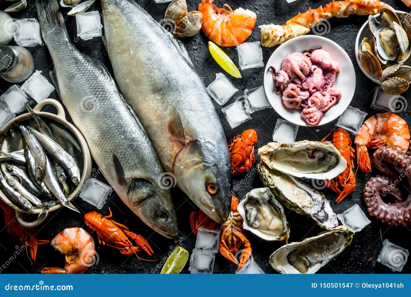 Raw Fish and Seafood with Ice Cubes Stock Image - Image of dish, dinner ...